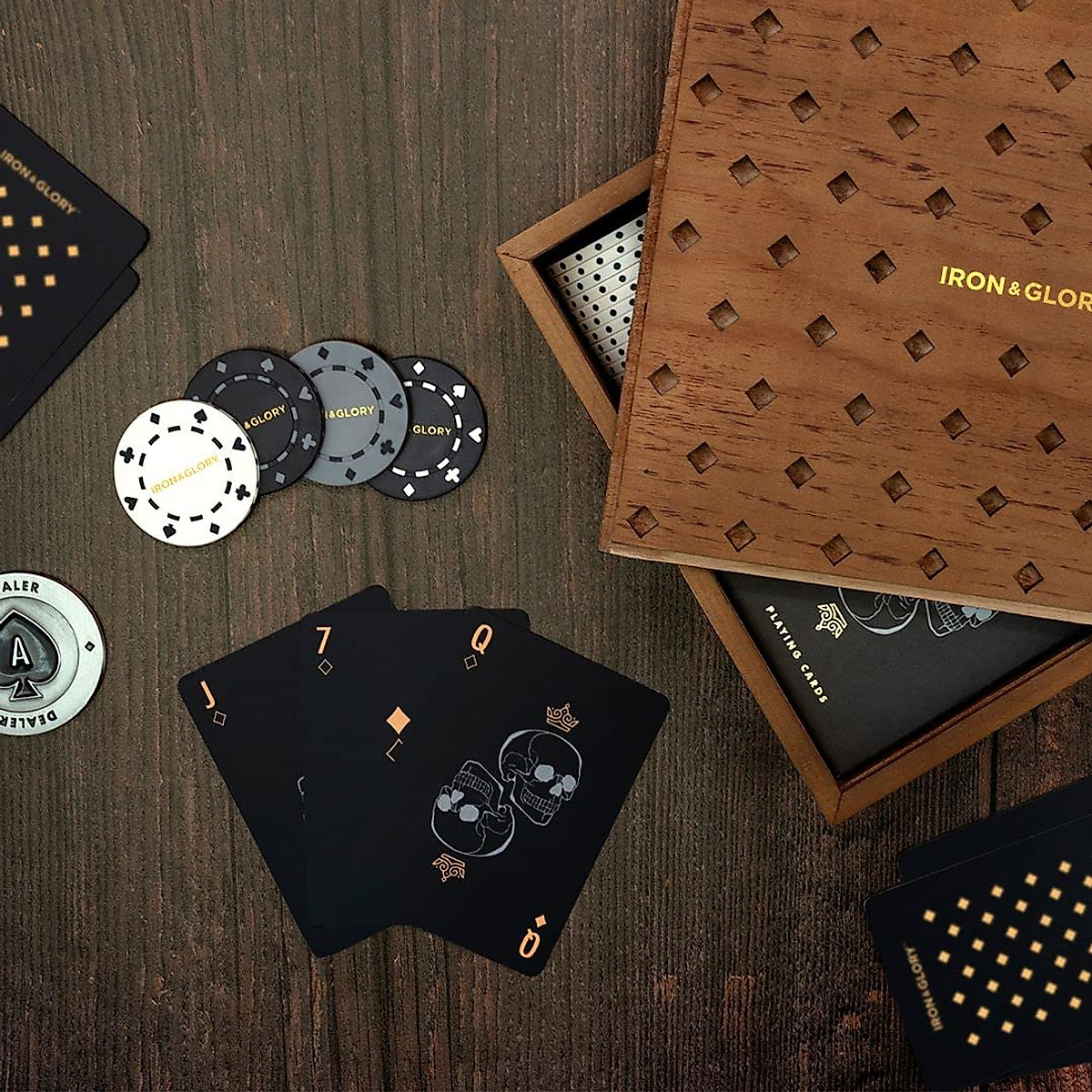 Iron & Glory | Poker Set | Luxury Poker Chips & Poker Cards Set With Wooden Case | Poker Table Accessories | Playing Cards & Casino Games For Game Night | Travel Card Games & Portable Camping Games