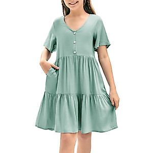 Tymidy Girls Casual Dress A-Line Midi Dress Button Down V Neck Short Sleeve Ruffle Flowy Swing Mixi Dresses for 4-15 Years Lake Green…