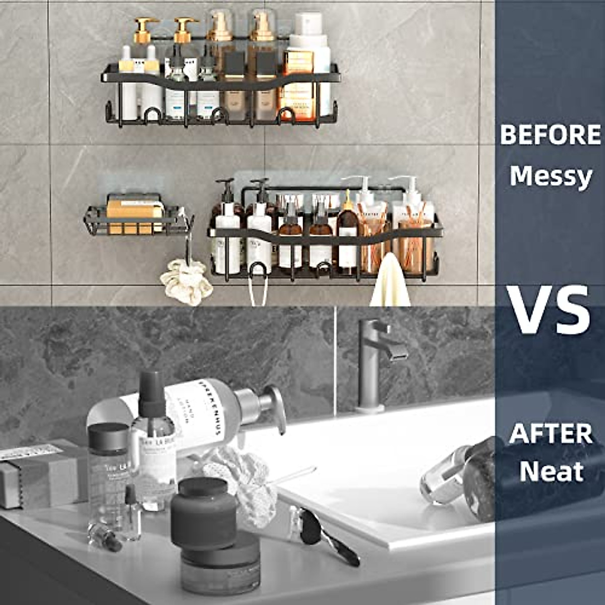 LURVUO Shower Caddy Shower Organizer,3Pack No Drilling Large Capacity Rustproof Adhesive Bathroom Organizer for Bathroom Storage&Kitchen,Black