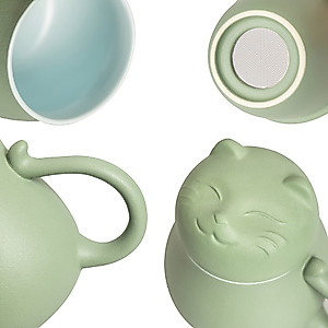 Ceramic Tea Mug with Infuser and Lid Cute Lucky Cat Design Coffee Mug with Lid Ceramic Tea Cup with Filter for Steeping Loose Leaf (Green)