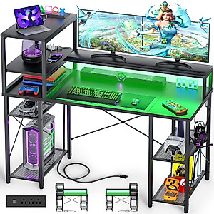 Cyclysio 55 inch Gaming Desk with LED Light, Reversibel Computer Desk with 7-Tier Storage Shelves, Home Office Desk with Power Outlets, Computer Gaming Desk with Monitor Stand for Small Space, Black