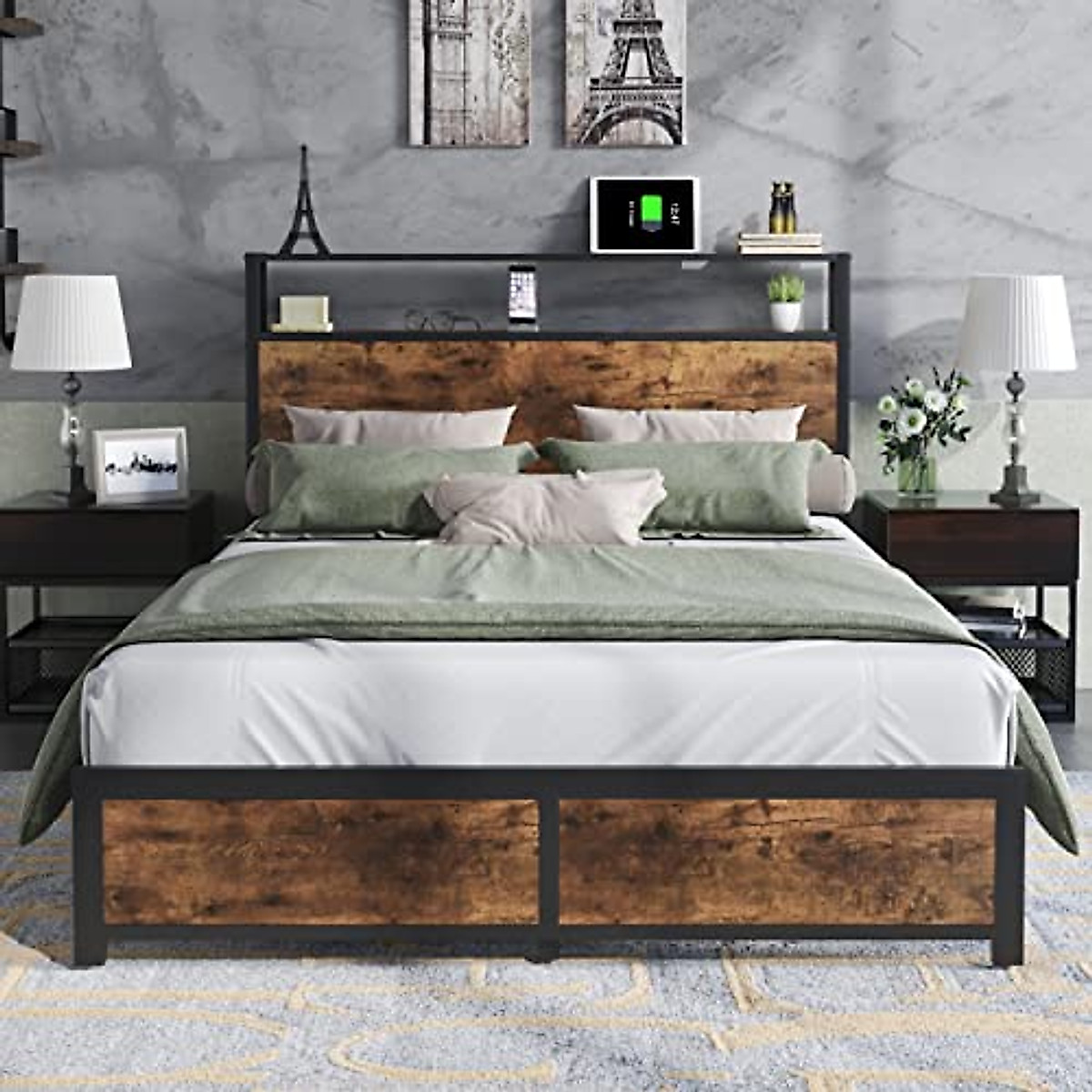 Catrimown Full Size Bed Frame with Storage Headboard Full Platform Bed Frame with 2 Tier Headboard Industrial Wood Queen Bed Frames No Box Spring Needed Noise Free, Rustic Brown