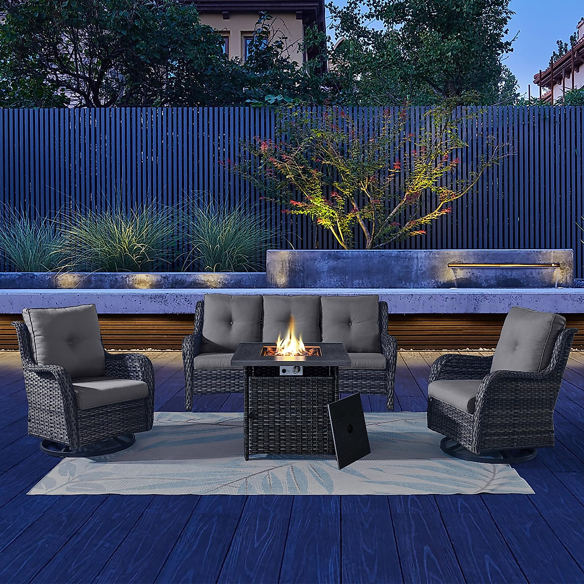 Patio Furniture 4 Piece, All-Weather PE Wicker Outdoor Furniture Set with CSA Certified 30in Propane Fire Pit Table,Outdoor Patio Furniture with Swivel Rocking Chairs