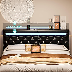 LIKIMIO Full Size Bed Frame with LED Light, PU Leather Platform Bed Frame with 4 Drawers, Adjustable Crystal Button Tufted Headboard, No Box Spring Needed, Black