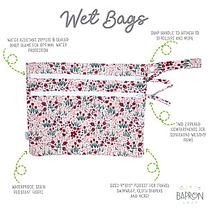 BapronBaby Blushing Blooms Wet Dry Bag - Waterproof Two Zipper Pockets - Reusable for Mealtime, Diapers, Stroller, Snacks, Swimsuits - Machine Washable - 11" x 9"
