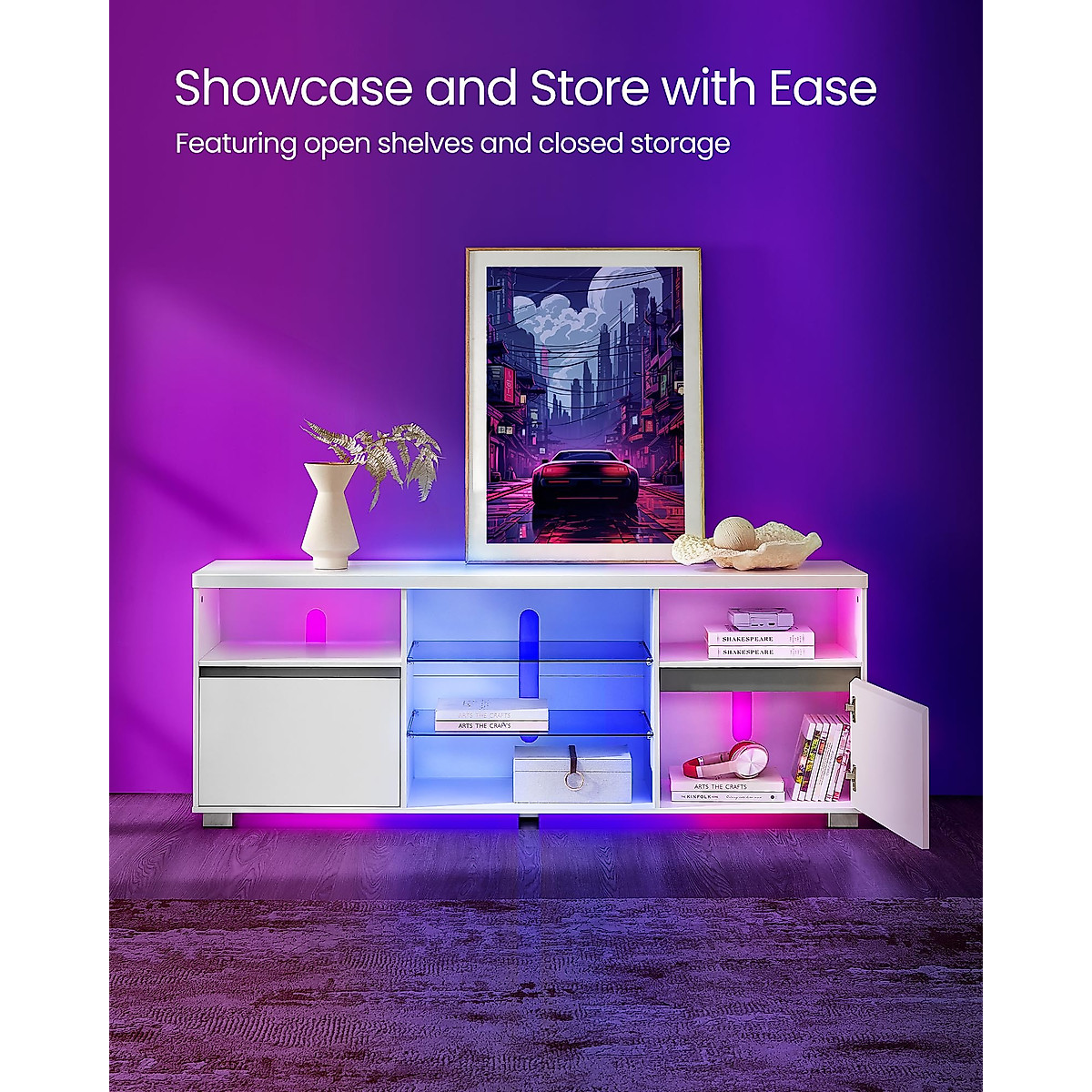 VASAGLE TV Stand with LED Lights for TVs up to 70 Inch, Entertainment Center with Open Glass Shelves, 2 Cabinets with Doors, 63-Inch Long, TV Console for Bedroom Living Room, White ULTV330T10