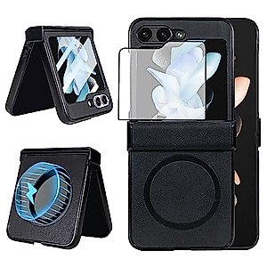Gufiire for Samsung Galaxy Z Flip 5 Case with Hinge Protection, Front Screen Protector, Carbon Fiber Texture Leather Case Compatible with MagSafe Full Protection Phone Case for Galaxy Z Flip5 (Black)
