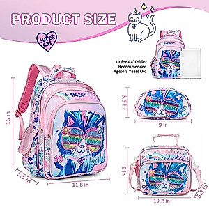 Robhomily Girls Backpack with Lunch Box for Elementary School Preschool Kindergarten,16 Inch Cute Cat Kids Backpack with Lunch Bags Sets for Girls,Pink School Backpack