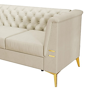 Elegant Tufted Velvet Sofa Couch - Modern Chesterfield 3-Seater Sofa with Removable Cushions, Luxurious Upholstered Button-Tufted Living Room Sofa for Living Room, Office, Apartment (Beige)
