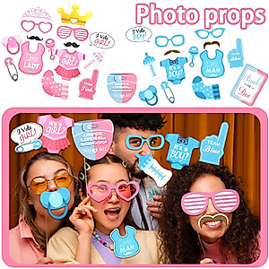 Guudmua 312 Pcs Gender Reveal Decorations, Baby Gender Reveal Party Supplies- Disposable Dinnerware Set With Pink and Blue (25 Guest), Boy or Girl Banner, Balloon, Sash, Cake Topper, Photo Props
