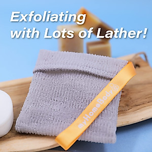 myHomeBody Soap Pocket Squares Exfoliating Soap Saver Pouch, Body Scrubber, Exfoliator Sponge for Bath or Shower, for 5oz Bar Soap or Leftover Bits, White Smoke, 3 Pack + 2 Soap Lifting Pads