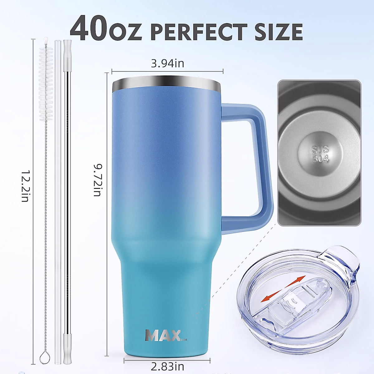 MaxBase 40 oz Tumbler with Handle and Straw Lid, Insulated Reusable Stainless Steel Travel Mug Keeps Drinks Cold up to 34 Hours, 100% Leakproof Bottle for Water, Iced Tea or Coffee, Smoothie and More