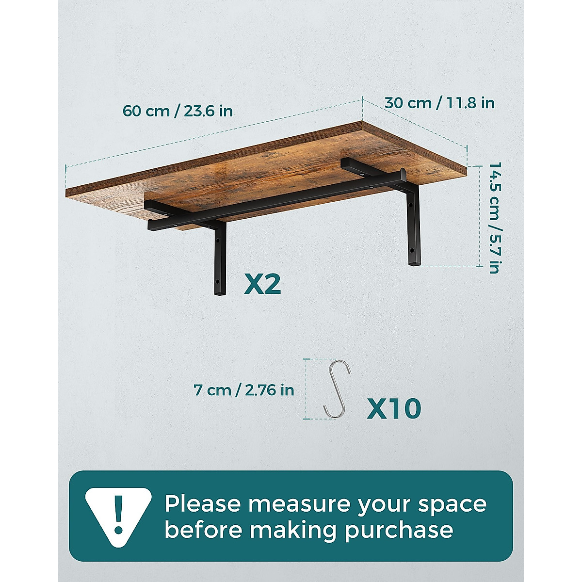 OROPY 2 Pack Wooden 23.6'' Pot Pan Hanging Rack Wall Mounted with 10 S Hooks, Set of 2 Large Pot Wall Holder Kitchen Shelves for Utensils, Cookware