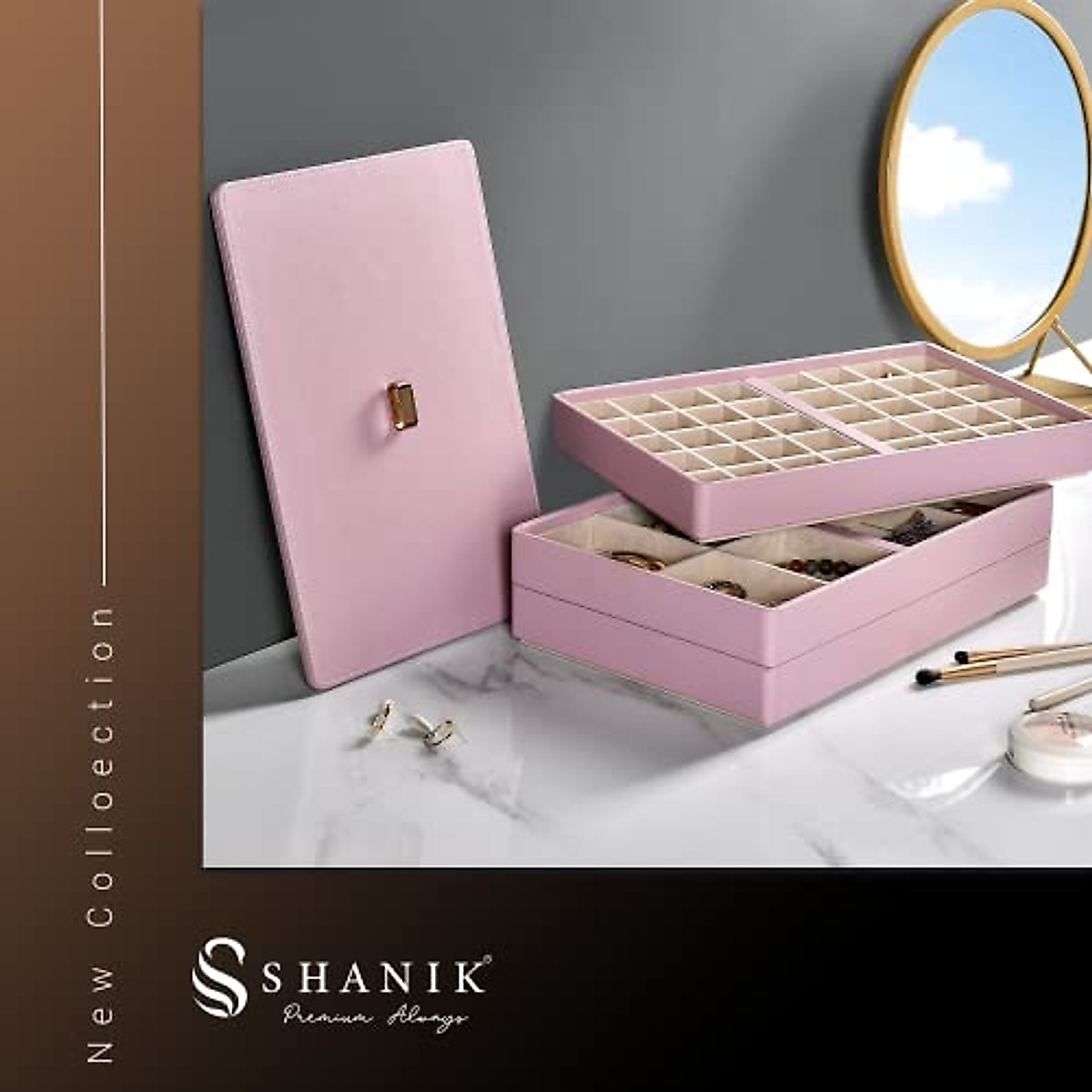 Shanik Stackable Large Jewelry Tray Organizers, 3 Pc. Set, Cute Designer Storage with Soft Velvet Surfaces to Protect Rings, Necklaces, Bands, and Earrings, Custom Display, Large Capacity, Pink
