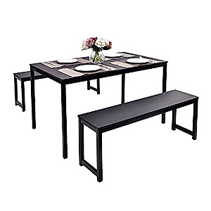 Dining Table Set, Hinpia 3 Pieces Modern Kitchen Table with 2 Benches, Wood Tabletop and Metal Frame (Black)