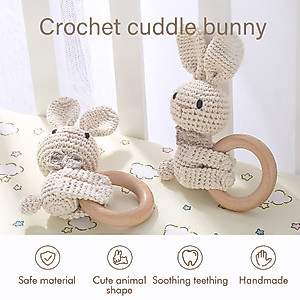 WOODEN TEETHER Crochet Baby Rattle, Crochet Baby Toys, Organic Wooden Newborn Toys, Newborn Animal Rattle Toys，Knitted Stuffed Animals Gifts for Baby, Orange Fox