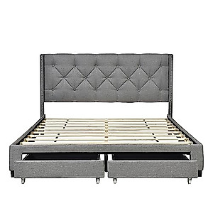OMMGG Queen Size Upholstered Platform Bed with Two Drawers and Button Tufted Headboard, Linen Fabric Storage Bedframe w/Reinforced Wooden Slats & 4 Supporting Legs, No Box Spring Needed