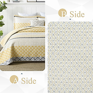 DDUOXIN Floral Quilts King Size - 100% Cotton Reversible King Quilt with 2 Pillow Shams, Farmhouse Soft Bedspreads Lightweight King Quilt Bedding Set, Yellow/Grey, King