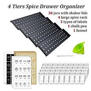 Churboro Spice Drawer Organizer with 36 Spice Jars, 3 Types of Spice Labels, Funnel, Chalk Pen- 4 Tiers Spice Rack Organizer Insert for Kitchen Drawer, Drawer Seasoning Rack, Large