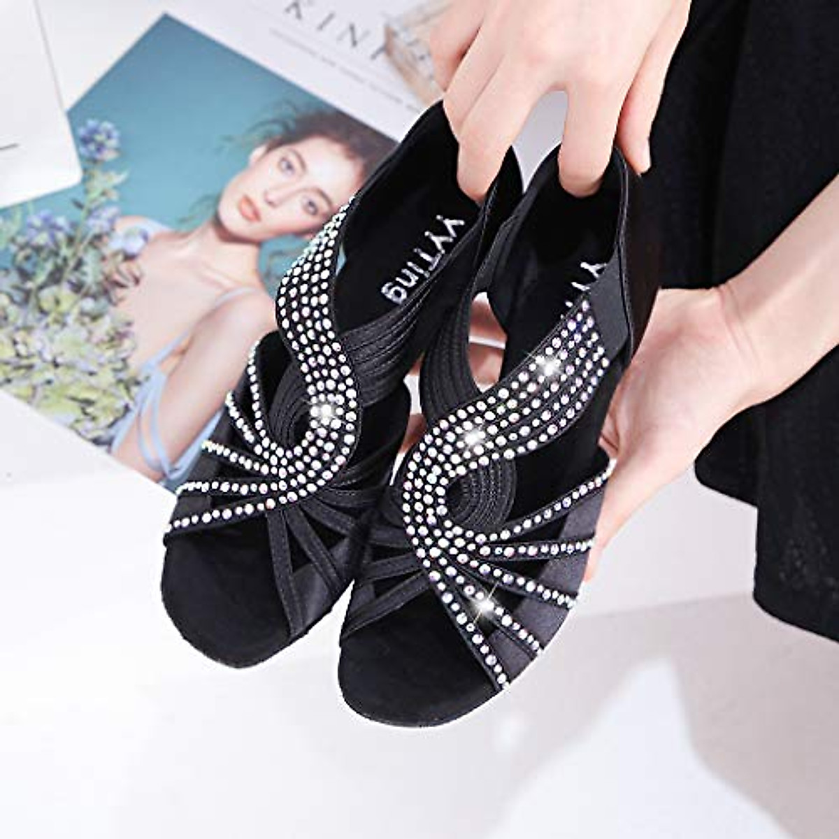 YYTing Half Rhinestones Ballroom Dance Shoes Women Latin Salsa Practice Wedding Indoor Crystals Footwear 2.5in Heels YT05(7,Black)