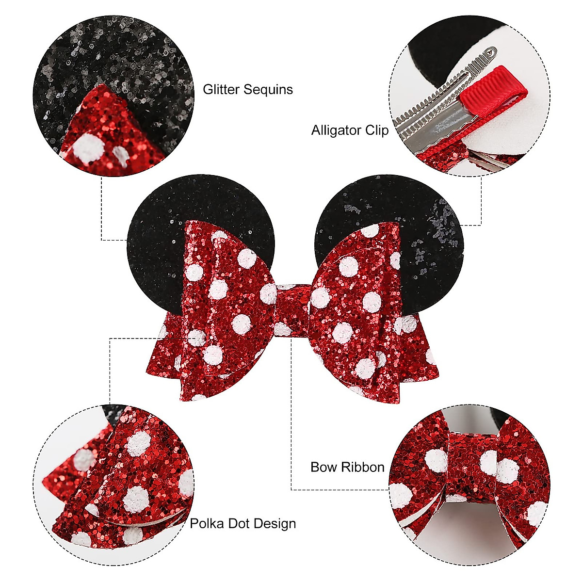 Mouse Ears Hair Bow Clips Polka Dot Barrettes for Girls Glitter Costume Accessories Birthday Party Decorations 1 Count (Pack of 4)