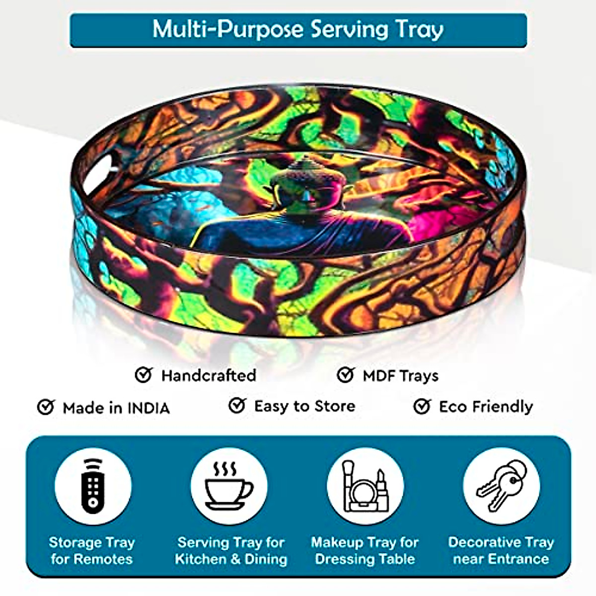 Crocon Decorative Round Serving Tray for Coffee Table Breakfast Buddha Printed Ottoman Tray Candle Holder Multipurpose Centerpieces for Dining Room Home Décor Makeup Drawer Organizer 12 Inch