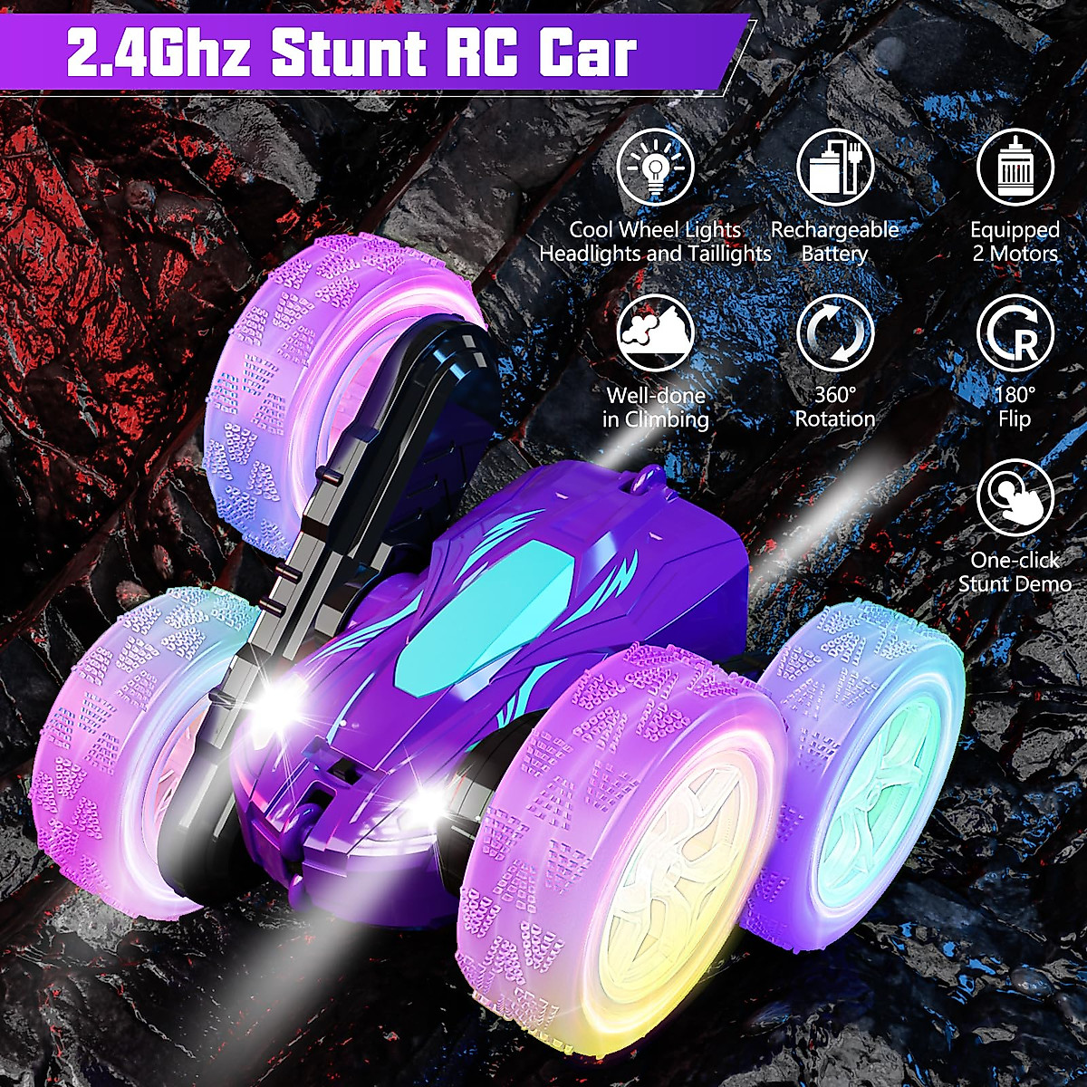 28℃ Remote Control Car for Boys, Drift High Speed RC Cars, 4WD 2.4Ghz Rechargeable RC Truck with Double Sided 360 Flips and Headlights Wheel Lights, Off-Road Stunt Toy Car for Kids Boy Girls (Purple)