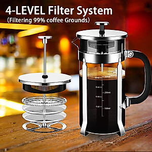 YMMIND French Press Coffee Maker 12oz 304 Stainless Steel Coffee Press,with 4 Filters System, Heat Resistant Thickness Borosilicate French Press Glass, BPA-Free Brewed Tea Pot Coffee Plunger