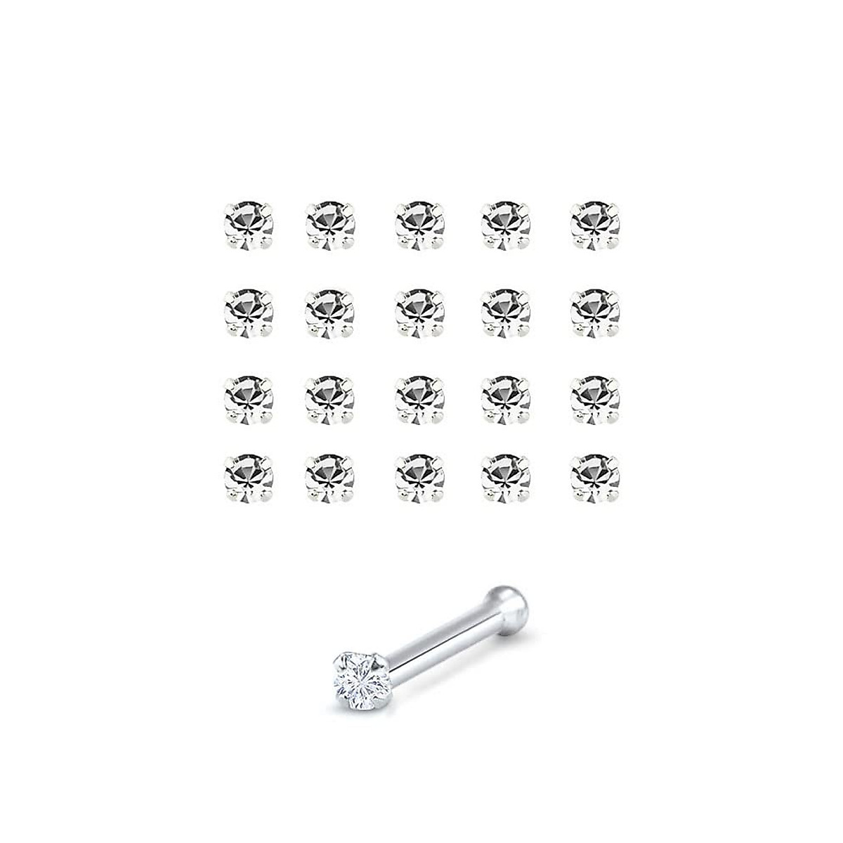 20 Pack 925 Sterling Silver Nose Bones Rings 1mm Clear stone 22G