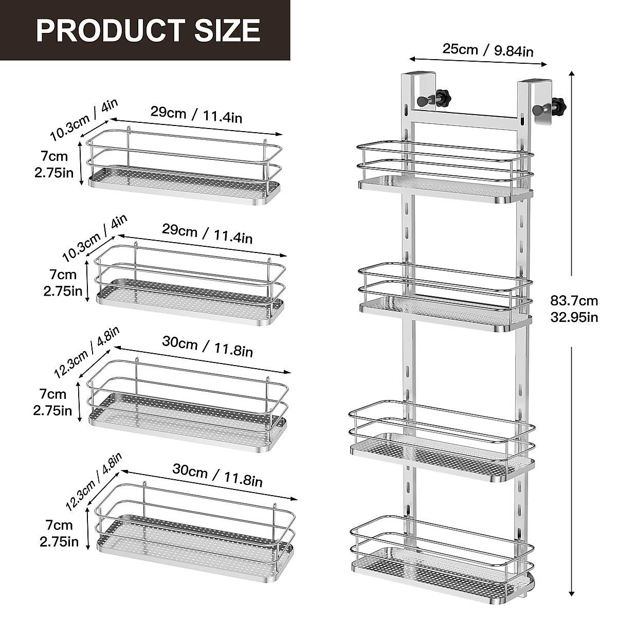 Orimade Adjustable Hanging Over the Shower Door Caddy,Bathroom Organizer Shelf Storage with 4 Hooks for Razor,No Drilling Rustproof Shower Rack Basket, 4 Tier, Silver