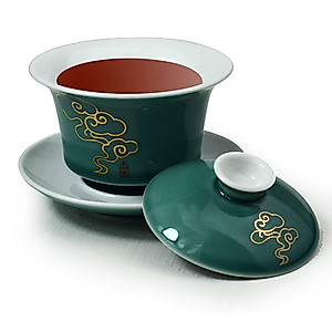 Porcelain Gaiwan 5oz /150ml Teacup White Glazed Classical Chinese Auspicious Clouds Tea Cup Tureen Sancai Cover Bowl Lid Cup Saucer Set (Green)