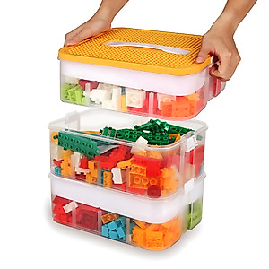 Kids Toy Organizer for Lego Stackable Storage Compartments Bins With Base Plates Lids 3 Tiers Clear Building Bricks Board Game Puzzle Boxes Plastic Craft Sorting Separator Travel Chest Case