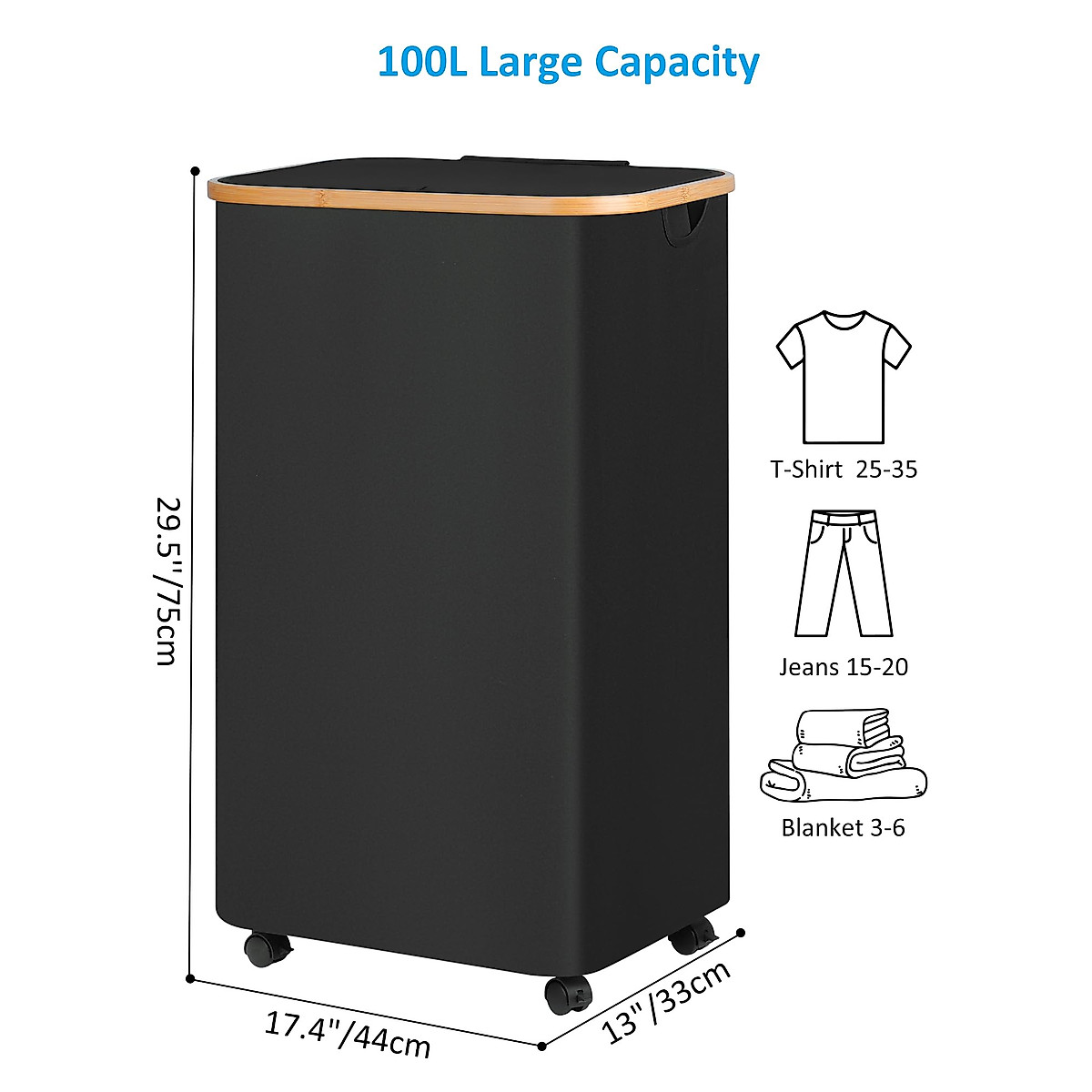 efluky Laundry Basket with Wheels, Rolling Laundry Basket with Lid and Removable Bag, Dirty Clothes Basket with Wheels for Laundry Room, Bedroom & Bathroom, 100L (26.4 Gallon) Black