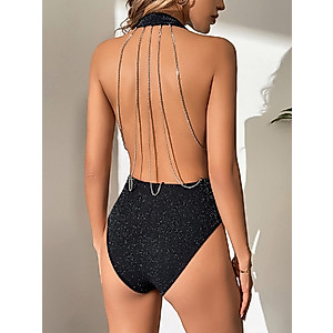 WDIRARA Women's Sparkly Sexy Halter Backless Chain Sleeveless Deep V Neck Party Bodysuit Black Tall XL