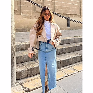 Faleave Womens Cropped Jacket Long Sleeve Belted Trench Coat Solid Color(Khaki-M)