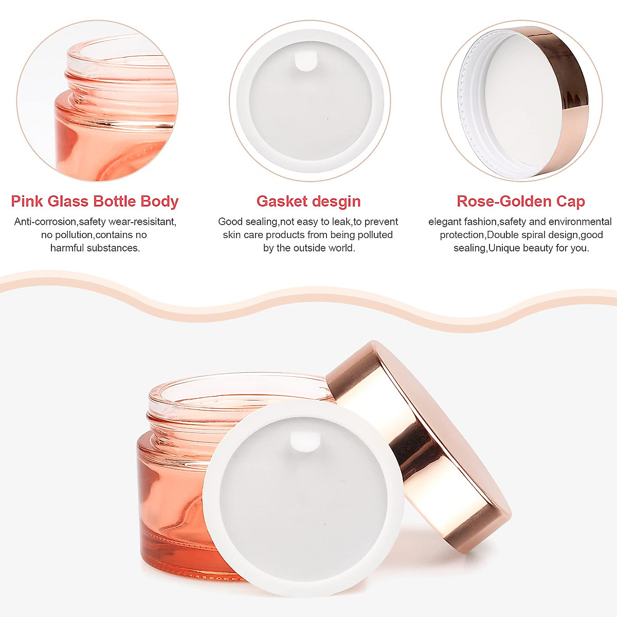Pink Glass Cream Jar,4 Pack 1.7 oz/50g Face Lotion Jar Pot,Empty Refillable Glass Cosmetic Cream Bottle Container With Rose-Golden Cover,Inner Liners for Moisturizer,Eyeshadow,Makeup Emulsion