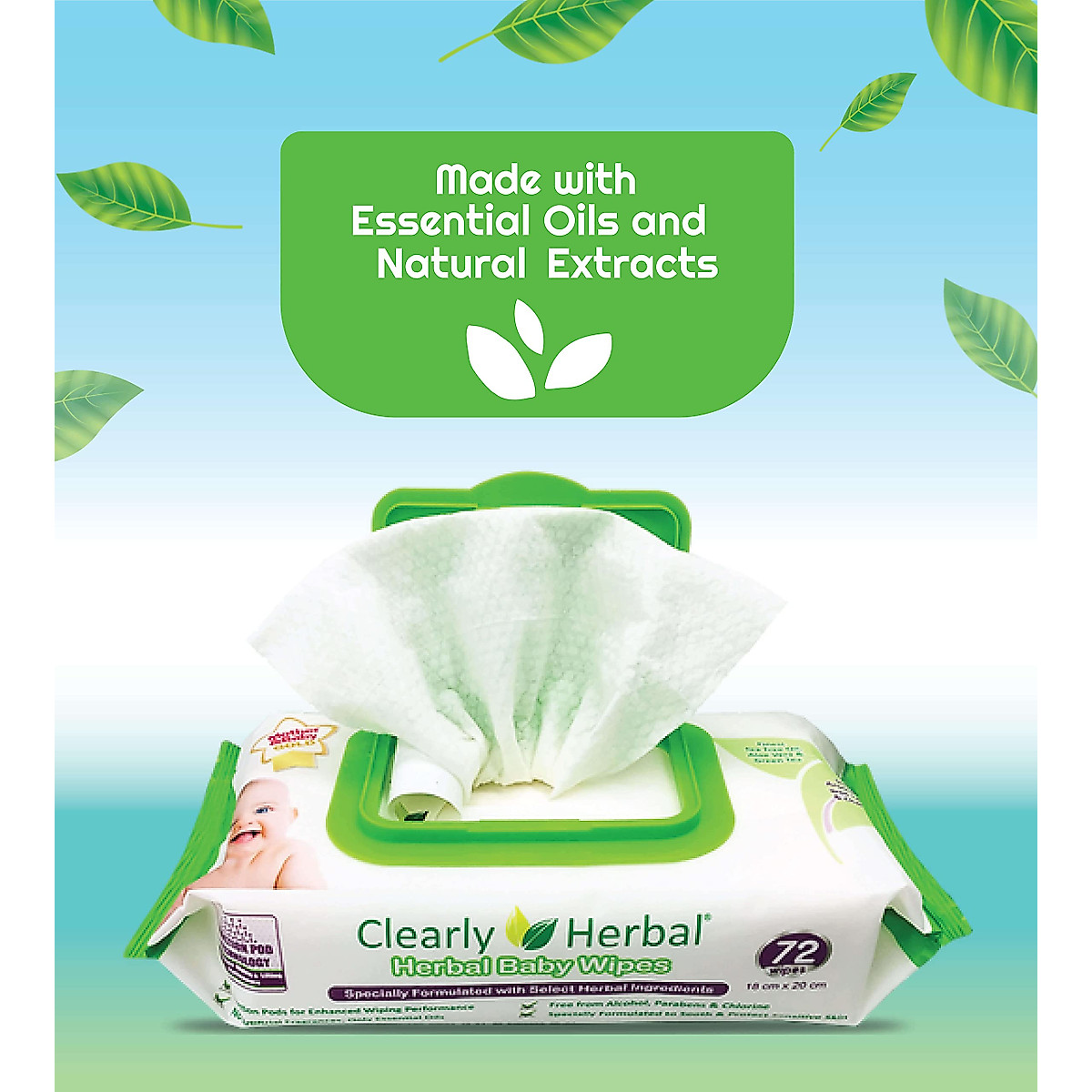 Clearly Herbal Baby Wipes, made with Essential Oils and Natural Herbal Extracts, Parent's Choice, Case Pack 864 Plant Based Wipes (12 Packs x 72 Count)