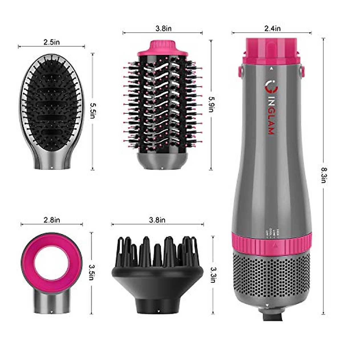 IG INGLAM 4 in 1 Blowout Brush, Negative Ion Detachable Hair Dryer & Styler Volumizer Hot Air Brush with 2 Styling Brush Heads, Silver