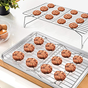 Baking Sheet and 2-Tier Cooling Racks Set, P&P CHEF Stainless Steel Baking Pan Tray with Stackable Cooking Wire Rack for Cookie Bacon Meat, Uncoated & Non-toxic, Mirror Finish& Dishwasher Safe - 3Pcs