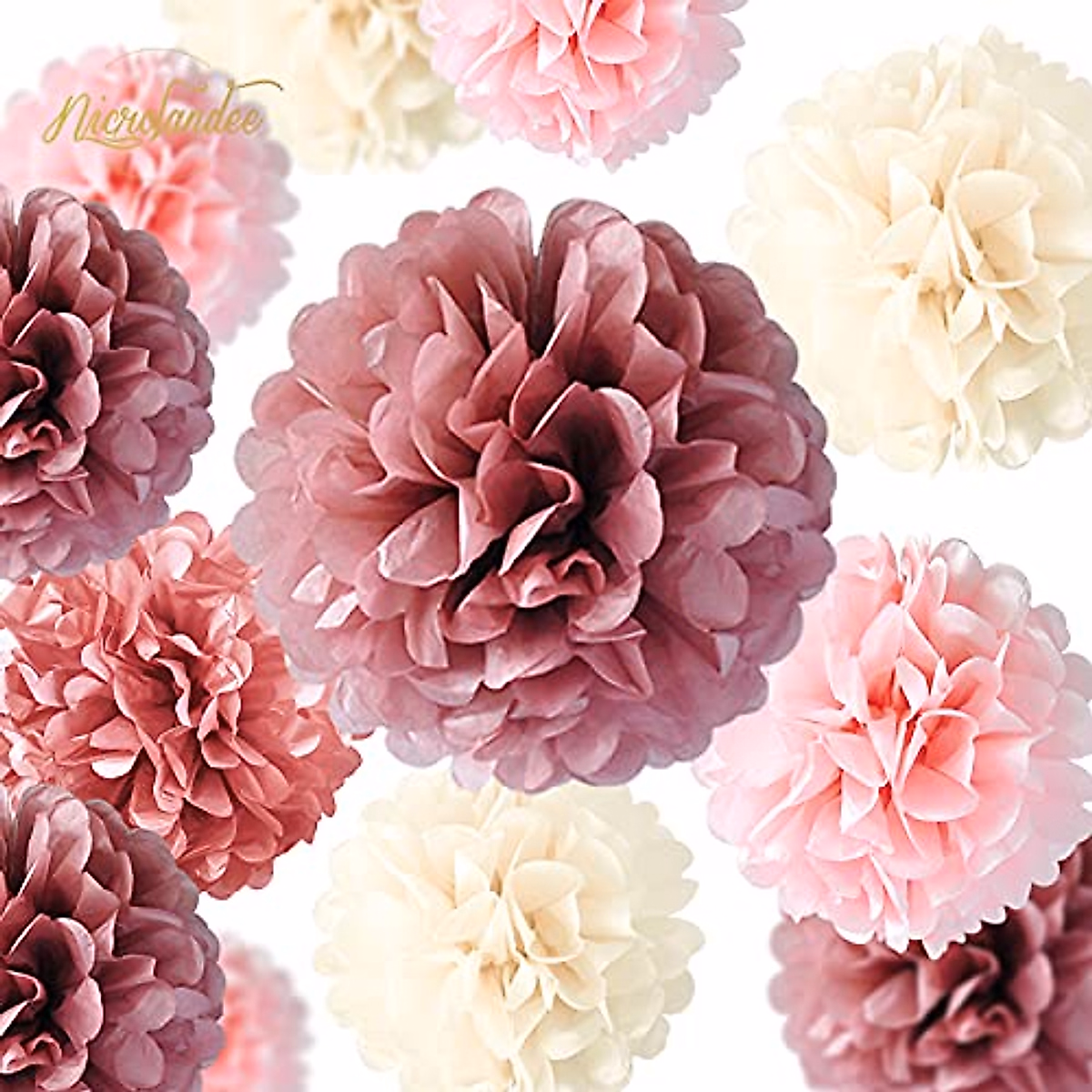 NICROLANDEE 12PCS Dusty Rose Blush Pink Tissue Pom Poms Flowers for Wedding, Bridal Shower, Baby Shower, Sweet Birthday, Engagement, Bachelorettes, Valentine Decorations, Pink Party Decorations
