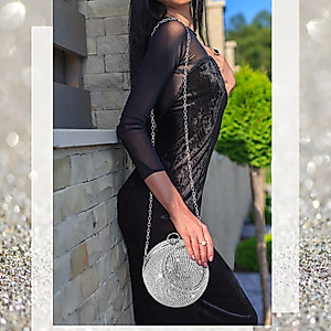 Disco Ball Round Purse for Women 4.72 Inch Silver Circle Crystal Clutch Rhinestone Evening Tassel Long Chain Handbag Wedding Engagement Party Decoration Disco Evening Party Gift Supplies