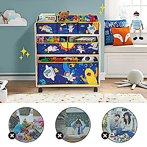 Kids Toy Storage Organizer with 6 Oxford Cloth Bins and 4 Wheels,Wooden Children Storage Rack,Extra Large Capacity Bookshelf Bookcase Display Stands Shelf Multi Cabinet for Books Toys