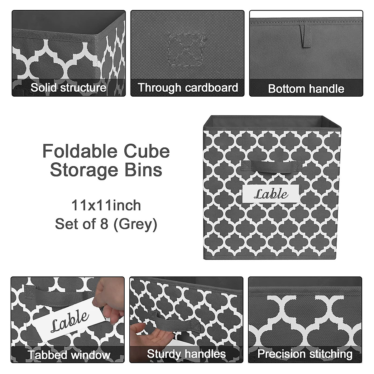 homyfort Foldable Storage Cube Bins 11x11 inches, Fabric Storage Bin Baskets Box Organizer with Labels and Dual Plastic Handles for Shelf Closet, Nursery, Set of 8 Grey