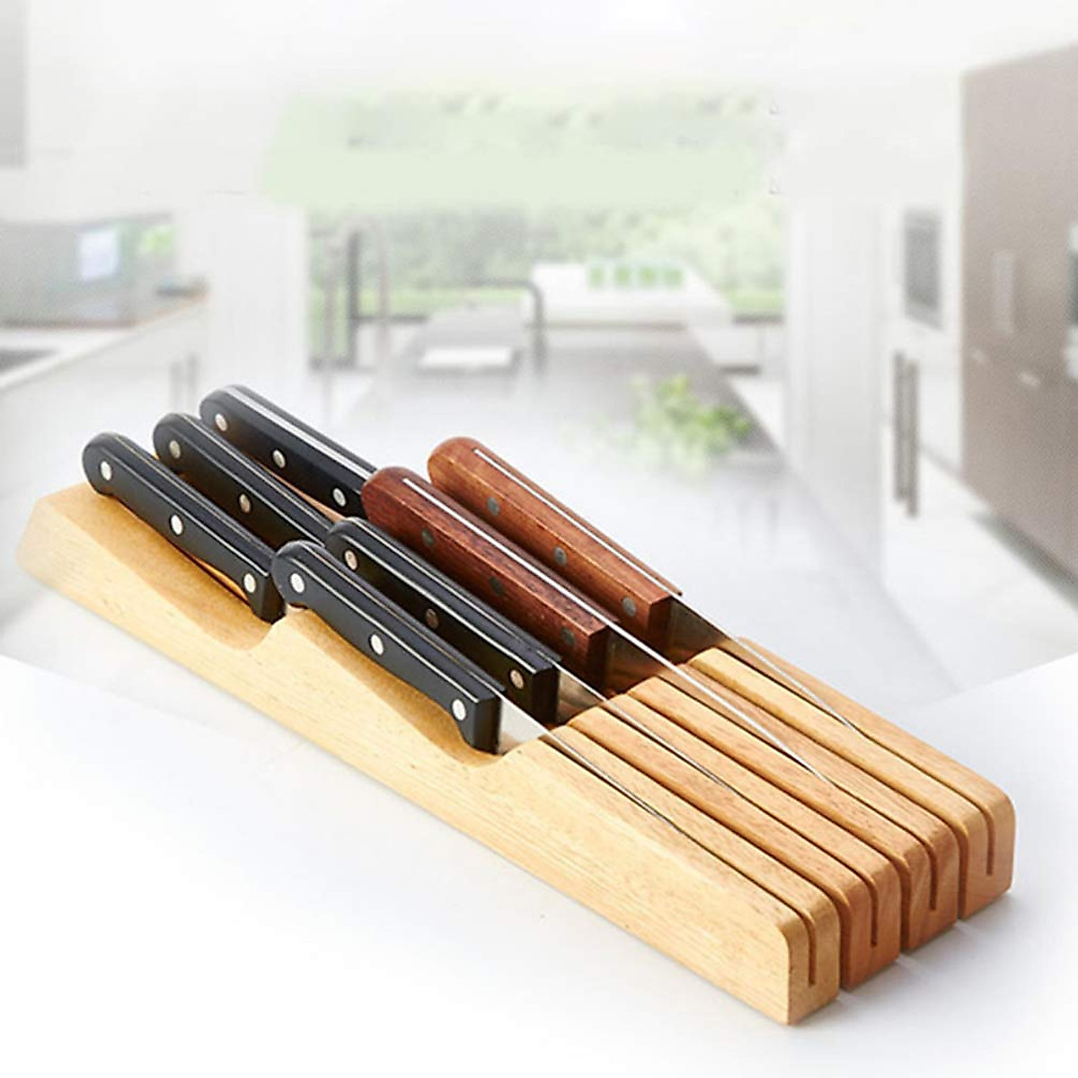 Hemoton Kitchen Knife Block Wood Drawer Knife Organizer Bamboo in Drawer Knife Holder Tray Knives Storage Rack Chopping Knife Stand for Home