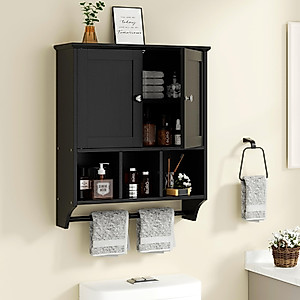 SUNLEI Bathroom Cabinet Wall Medicine Mount for Storage Over Toilet Mounted Kitchen Small Hanging Laundry Room 3 Open Shelves Above with Doors Sink Shelf Towel Bar Black
