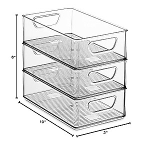 Set Of 6 Refrigerator Organizer Bins - Stackable Fridge Organizers with Cutout Handles for Freezer, Kitchen, Countertops, Cabinets - Clear Plastic Pantry Food Storage Rack