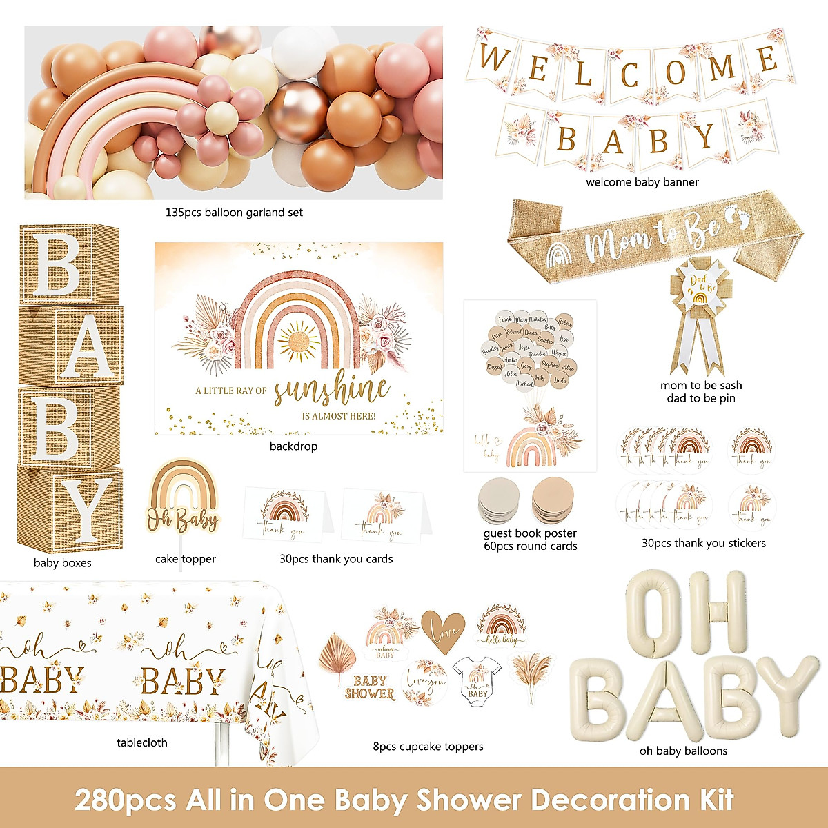 Boho Baby Shower Decorations, Boho Rainbow Baby Shower Party Supplies, A Little Ray of Sunshine is Almost Here, It’s a Girl Gender Reveal, Baby Shower Backdrop Balloon Arch Boxes Mom to Be Sash