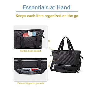 Weekender Overnight Bag, BAGSMART 39L Large Travel Duffle Bag for Women, Soft Quilted Cotton Sports Gym Bag with Shoe Compartment, Crossbody Carry-on Bag with Multiple Pockets, Machine Washable(Black)