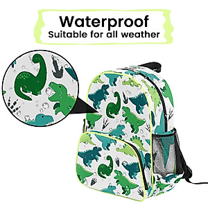 Dinosaur Backpack, Green Dinosaur Footprint Toddler Backpack for Boys 14.2 In, Waterproof Casual Daypack Preschool Backpack Kindergarten School Mini Bookbag with Chest Strap, Durable for Kids Student