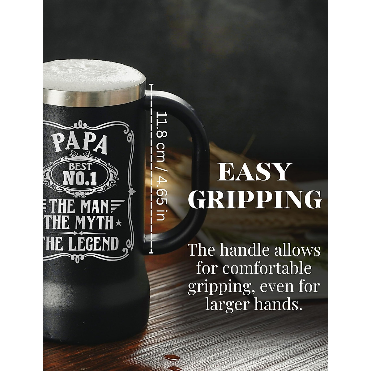 Onebttl Papa Gifts Stainless Steel Beer Stein Tumbler, 24oz Beer Mug with Lid for Father's Day, Christmas - Man Myth Legend